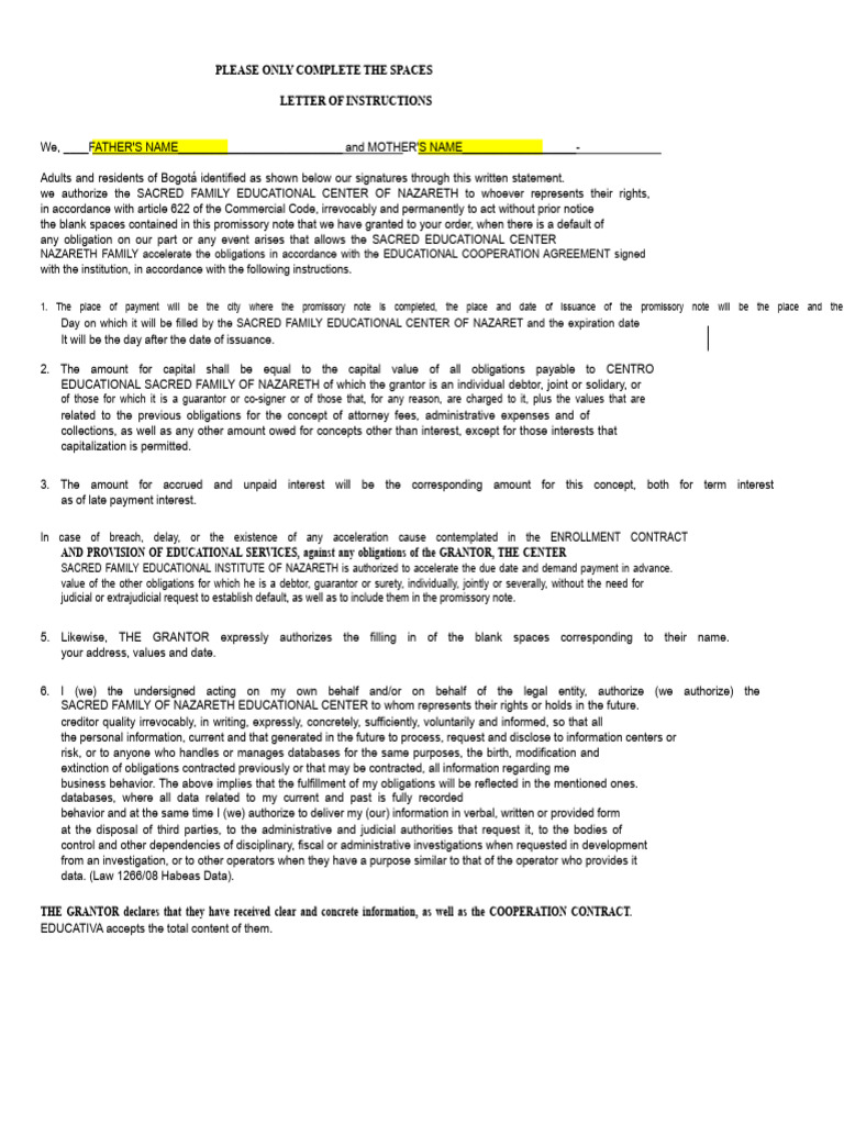 Example Fill Out Promissory Note and Instruction Letter | PDF ...