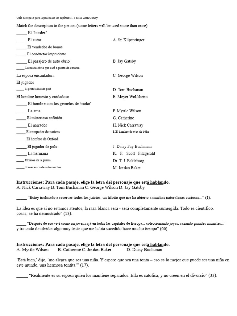 Guía de Repaso Del Cuestionario de El Gran Gatsby Capítulos 1-5 | PDF ...