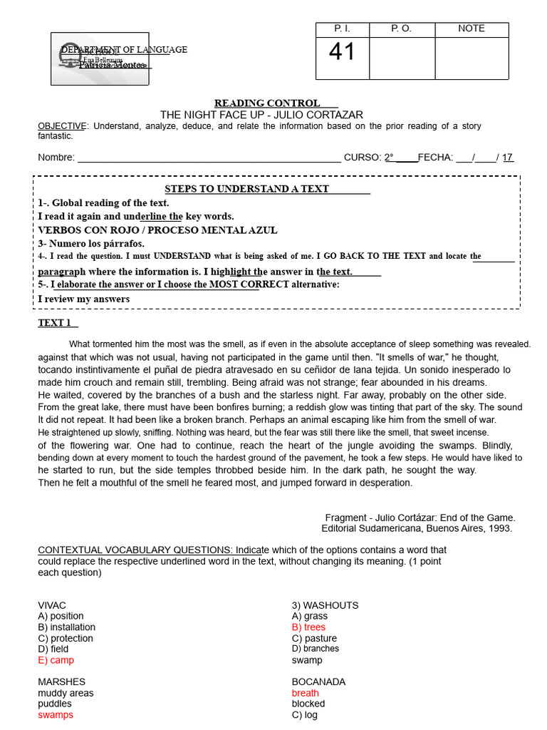Reading Control - The Night Face Up - 2nd Year of High School | PDF