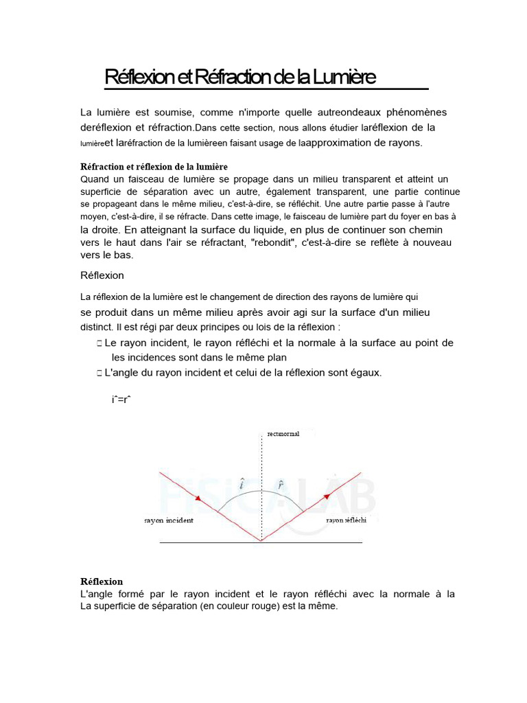 Réflexion et Réfraction de la Lumière | PDF | Réfraction | Lumière