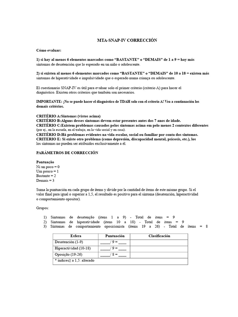 Evaluación del Cuestionario SNAP-IV TDAH | PDF