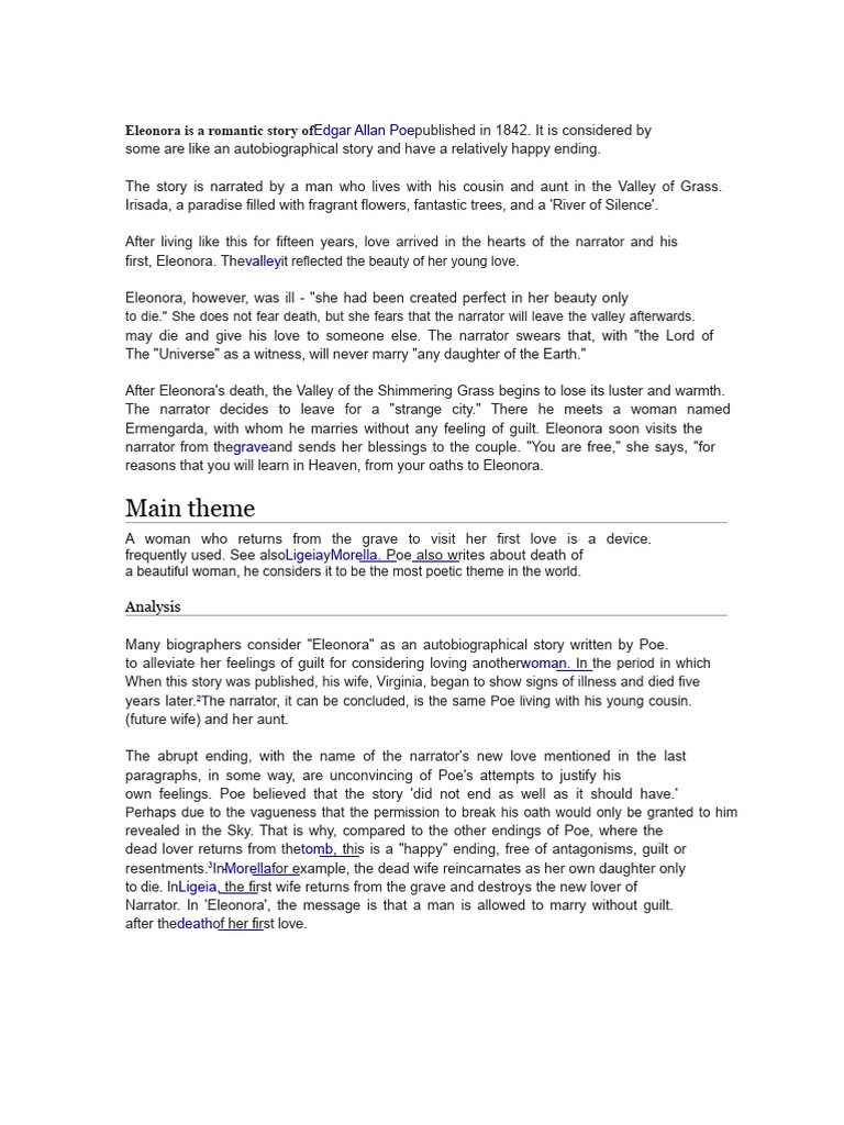 Analysis of the Tale Eleonora | PDF