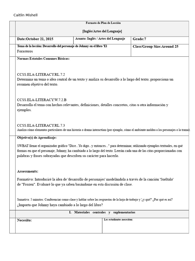Plan de Lección para El Desarrollo Del Carácter en La Escuela ...