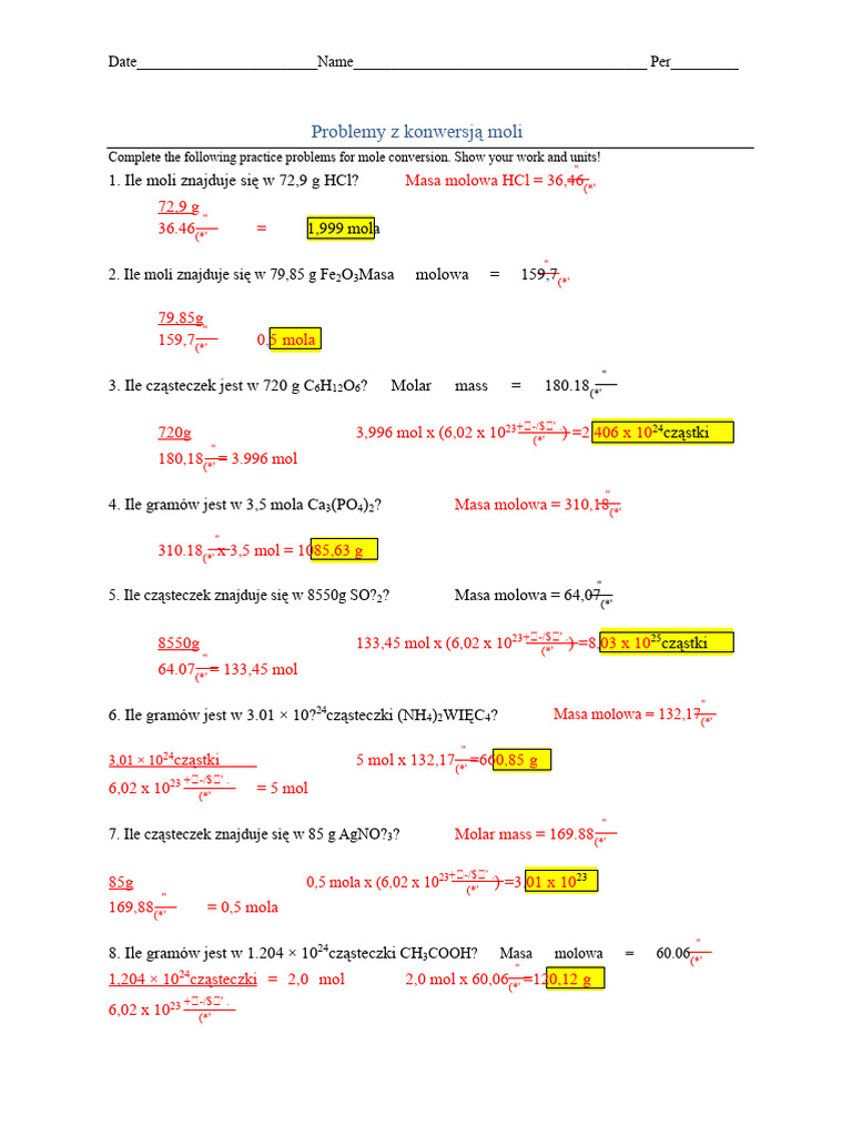 Mole Conversion Problems Key PDF | PDF