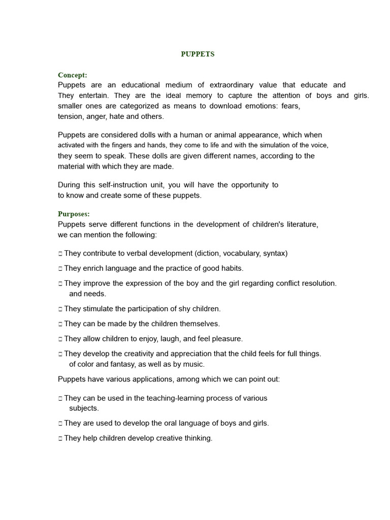 Puppets, Definition, Characteristics, and Importance | PDF | Puppets ...