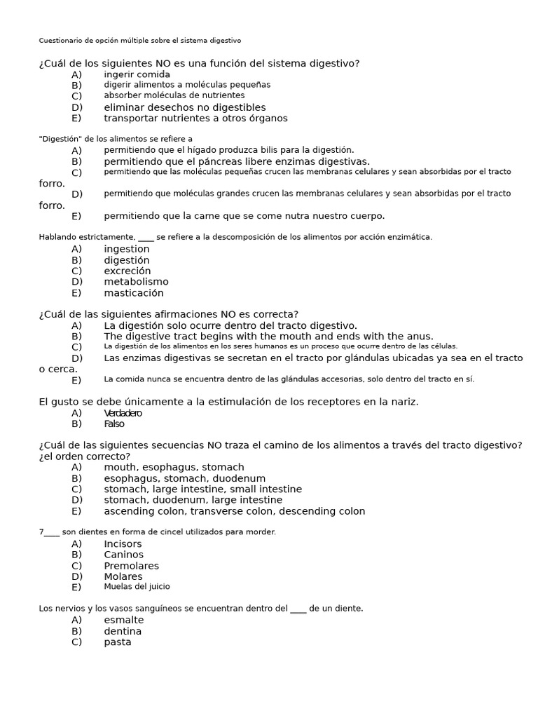Cuestionario de Opción Múltiple sobre el Sistema Digestivo | PDF ...