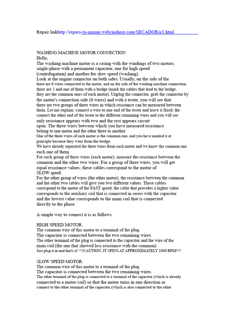 Washing Machine Motor Connection | PDF | Inductor | Capacitor