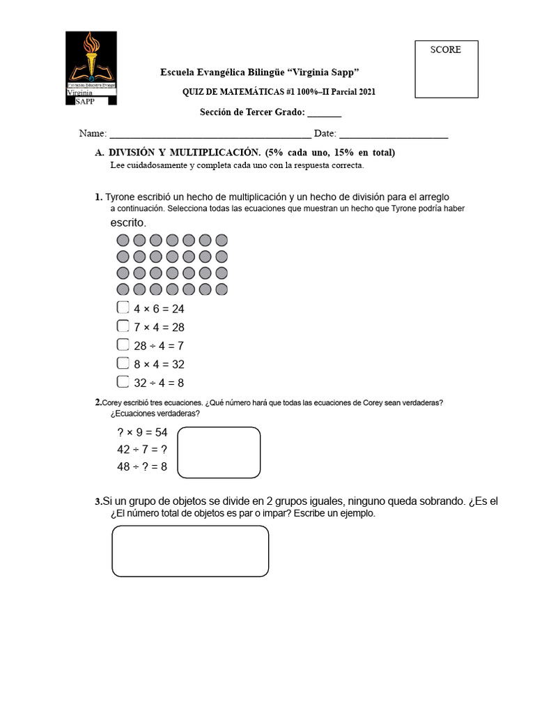 A6966 Cuestionario de Matemáticas de 3er Grado 1 II Parcial 2021 | PDF