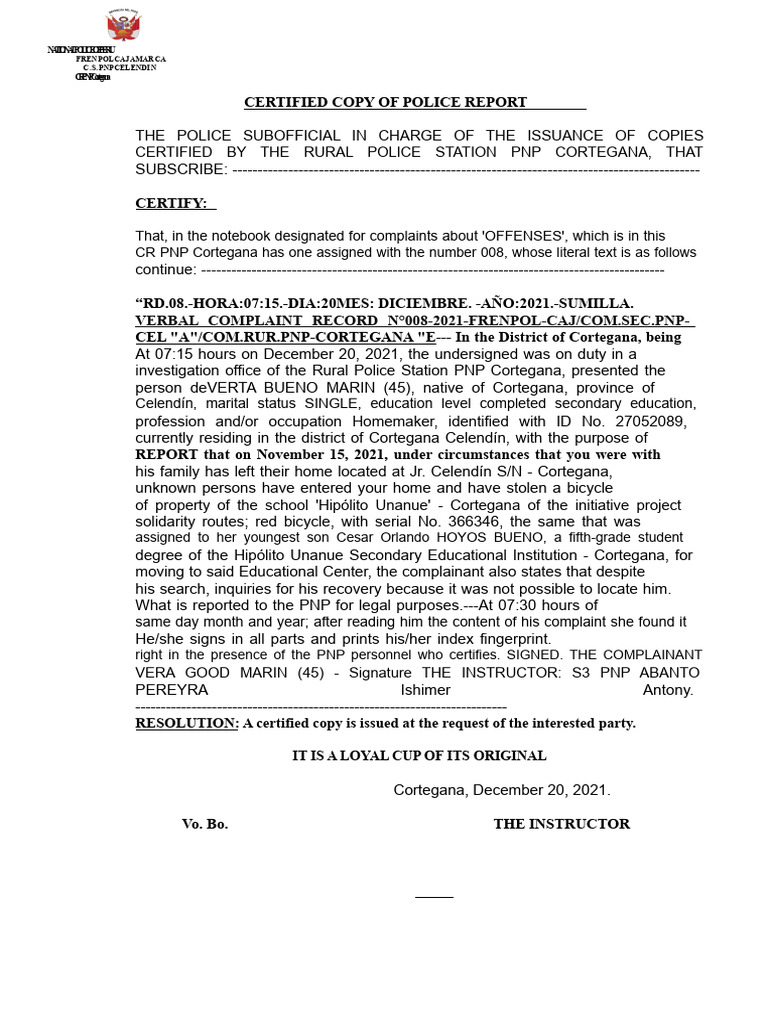 Certified Police Complaint Reports | PDF | Identity Document