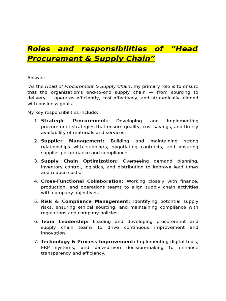 Head - Procurement & Supply Chain | PDF | Supply Chain | Procurement