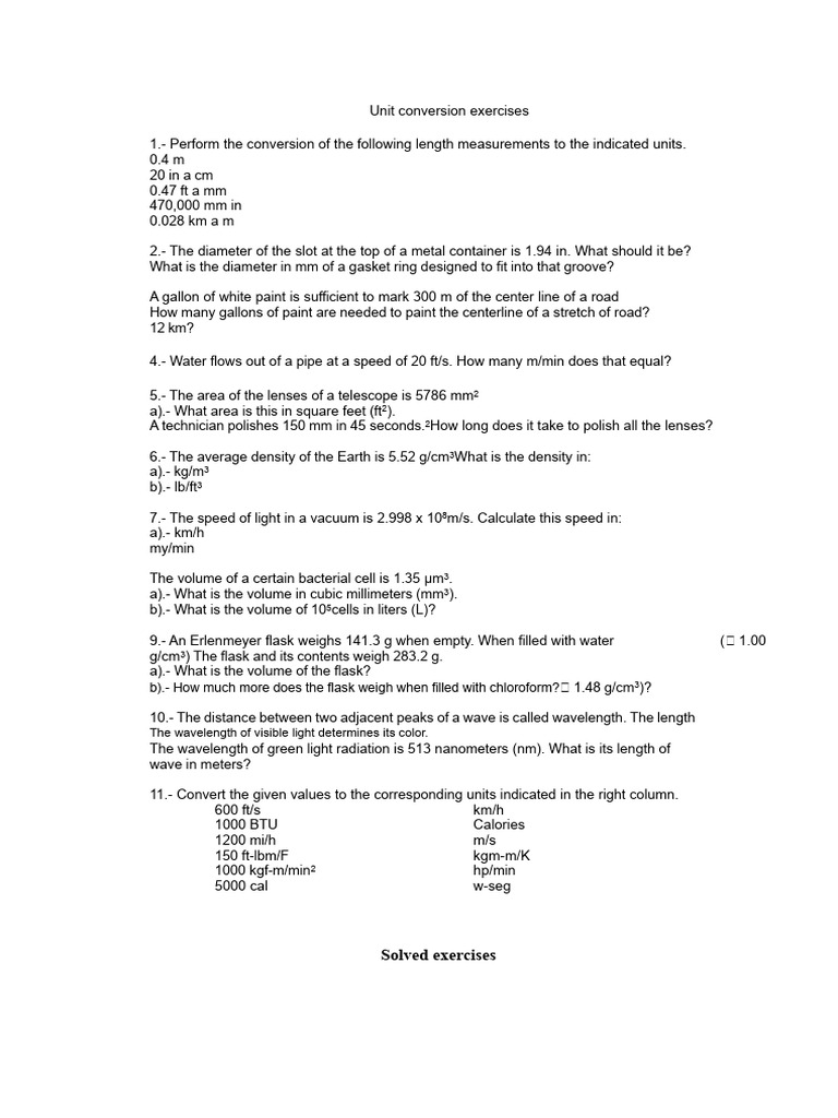 Exercises On Unit Conversion | PDF | Foot (Unit) | Volume