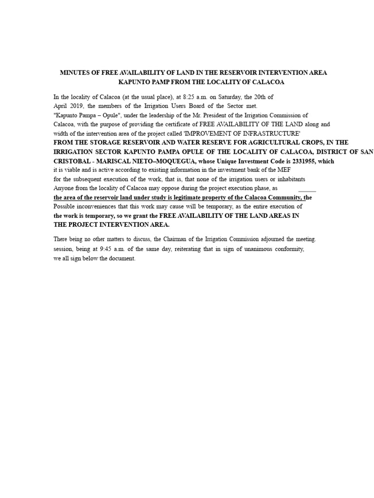 Model of Land Free Availability Minutes | PDF | Reservoir | Hydrology