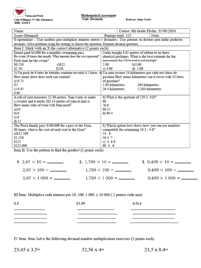 Decimal Test 6th Grade | PDF