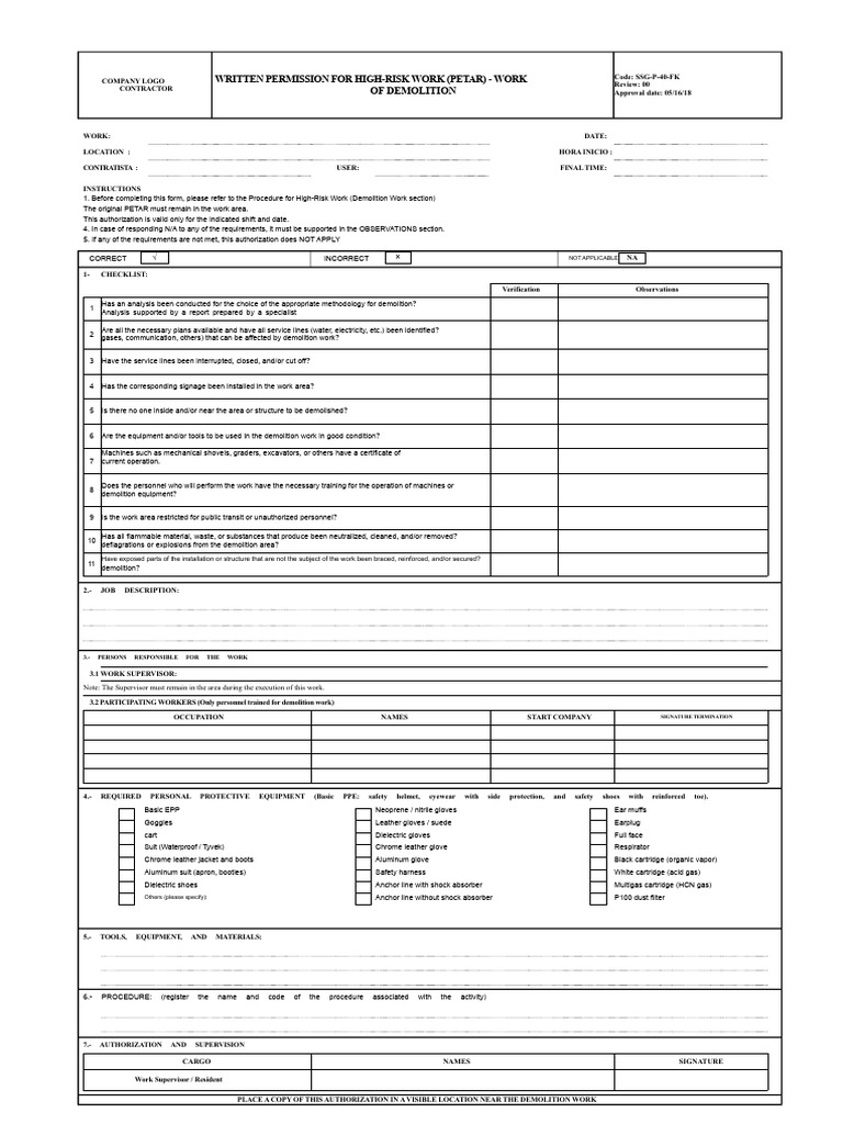Written Permit For High Risk Work (Petar) - Demolition Work | PDF ...