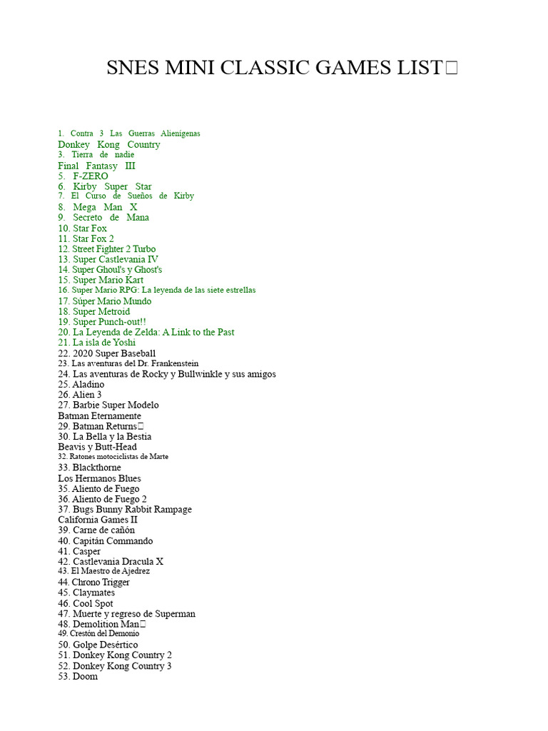 Lista de juegos de Snes Mini PDF | PDF | Nintendo | Videojuegos