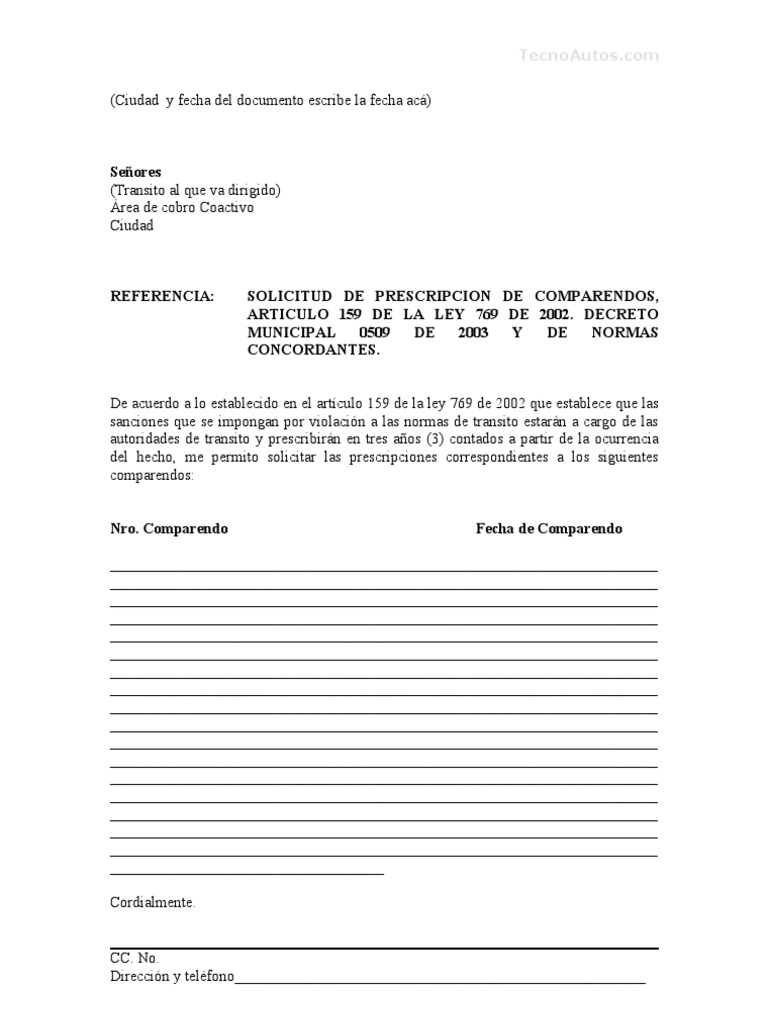 Formato Prescripcion de Multas o Comparendos de Transito