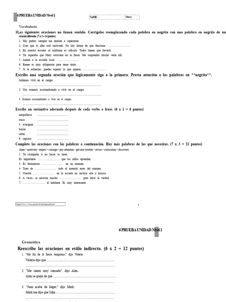 Prueba de Vocabulario y Gramática Nivel 1 | PDF | Lingüística
