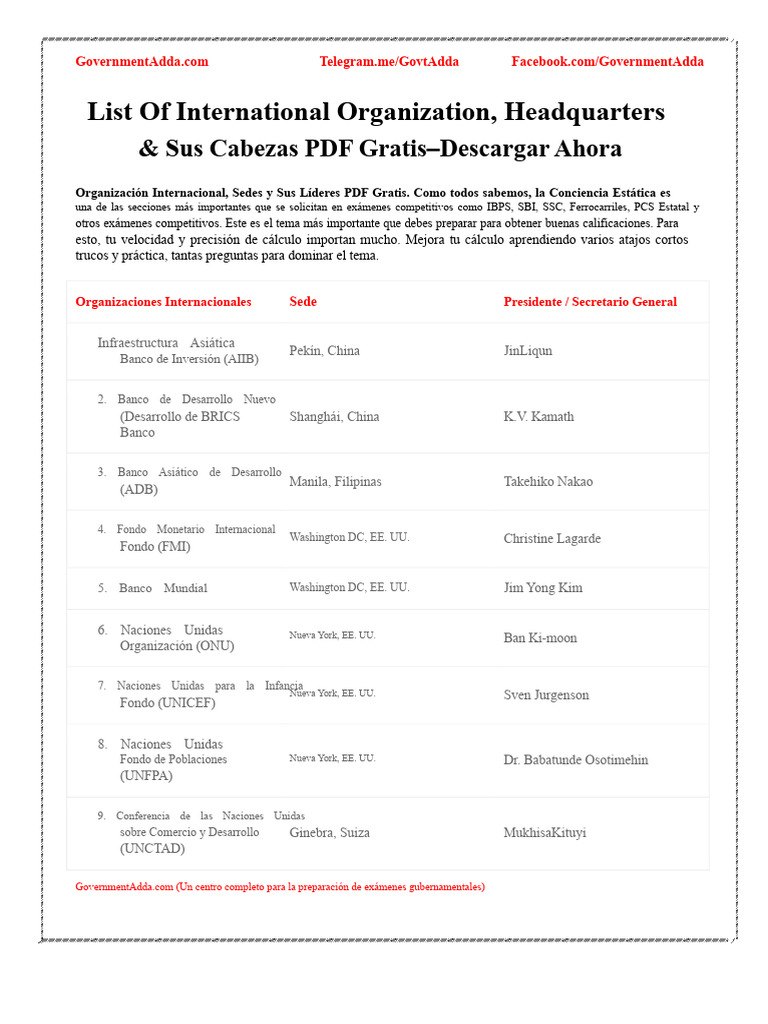 List of International Organization, Headquarters: & Sus Cabezas PDF ...
