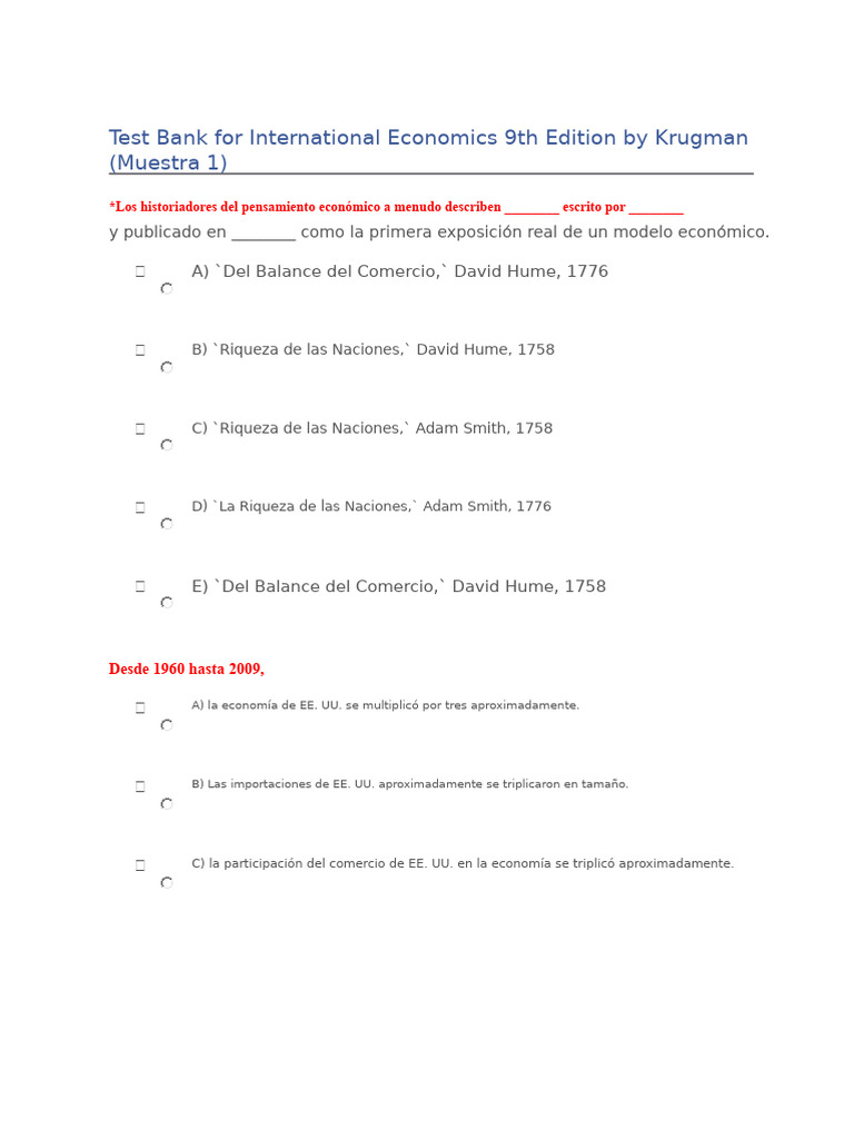 Banco de Pruebas para Economía Internacional, 9 Edición de Krugman ...
