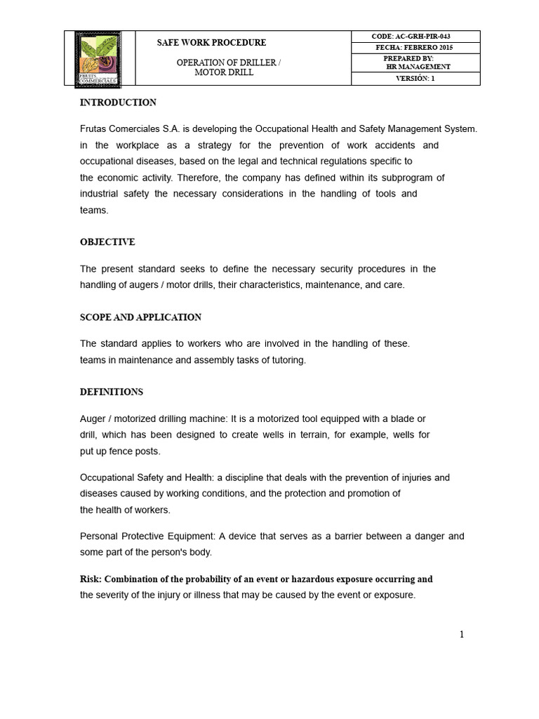 Safe Work Procedure for Drill | PDF | Occupational Safety And Health ...