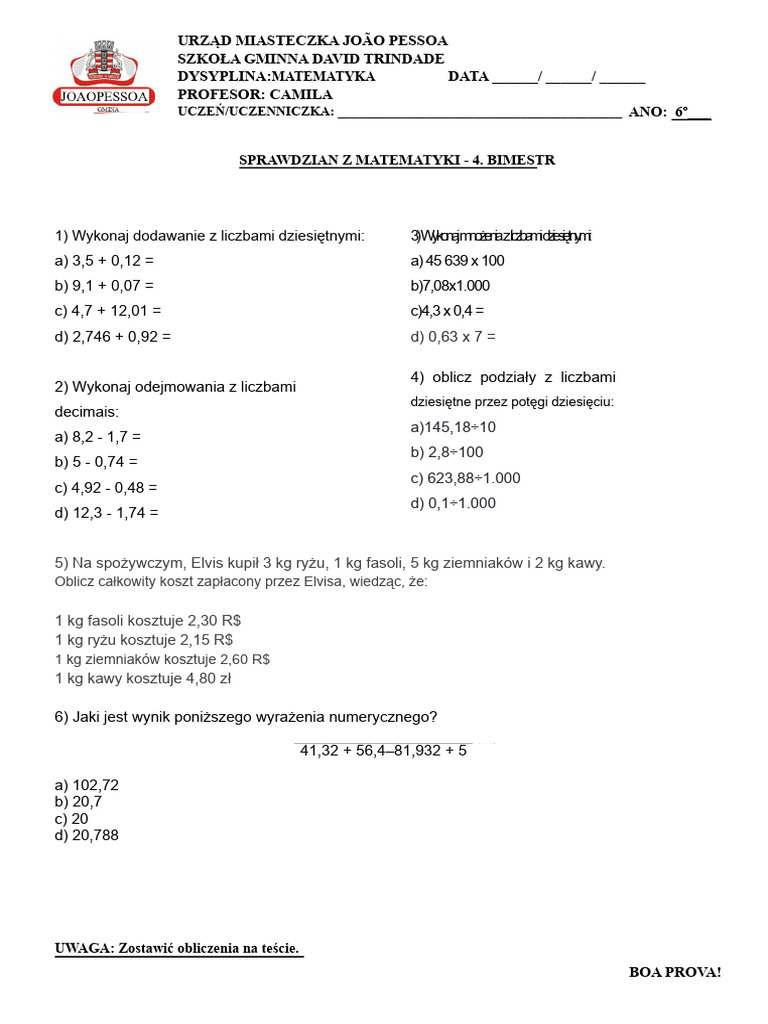 Sprawdzian Matematyczny 6 Klasa - 4 Kwartal | PDF