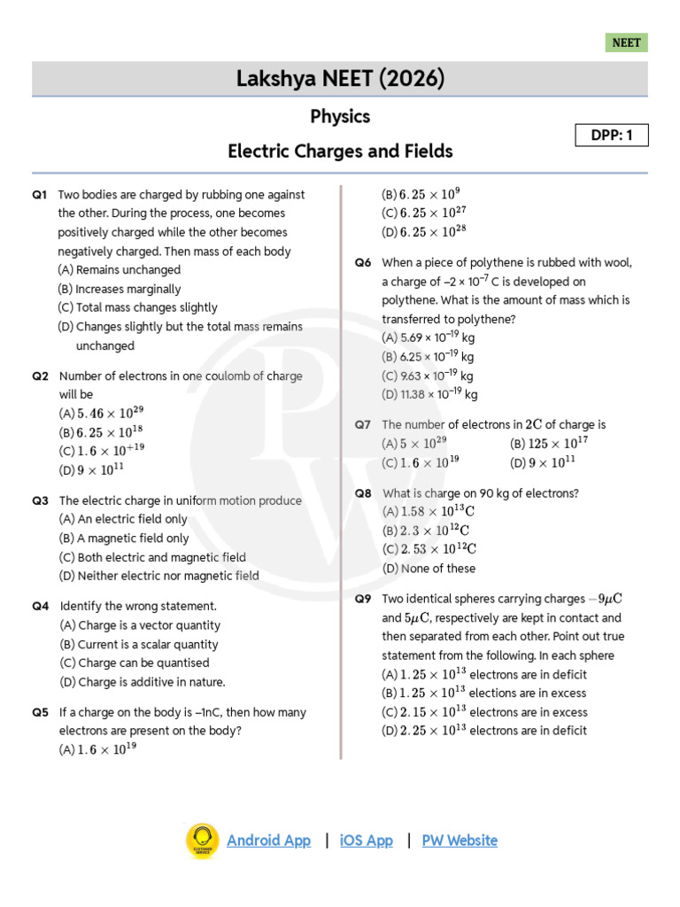 Electric Charges and Fields _ DPP 01 (of Lec 02) || Lakshya NEET 2026 | PDF | Electric Charge ...