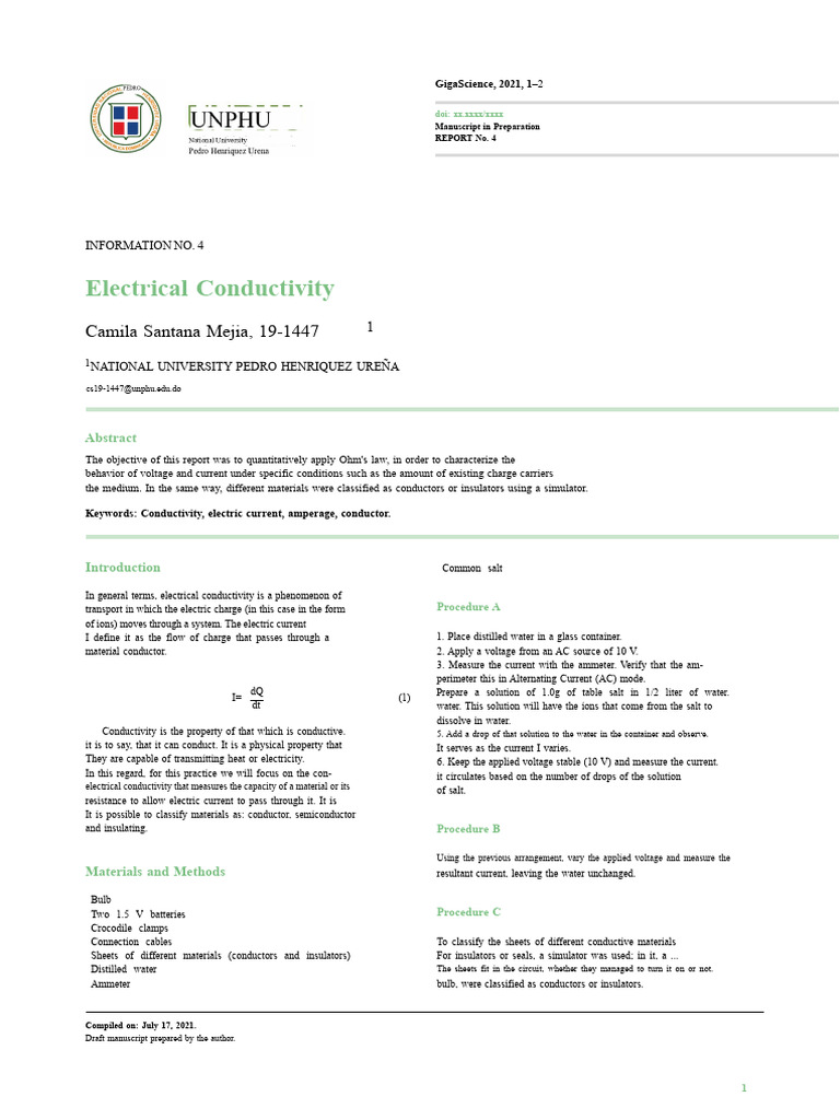 Report No. 4 Electrical conductivity | PDF | Electrical Resistivity And ...