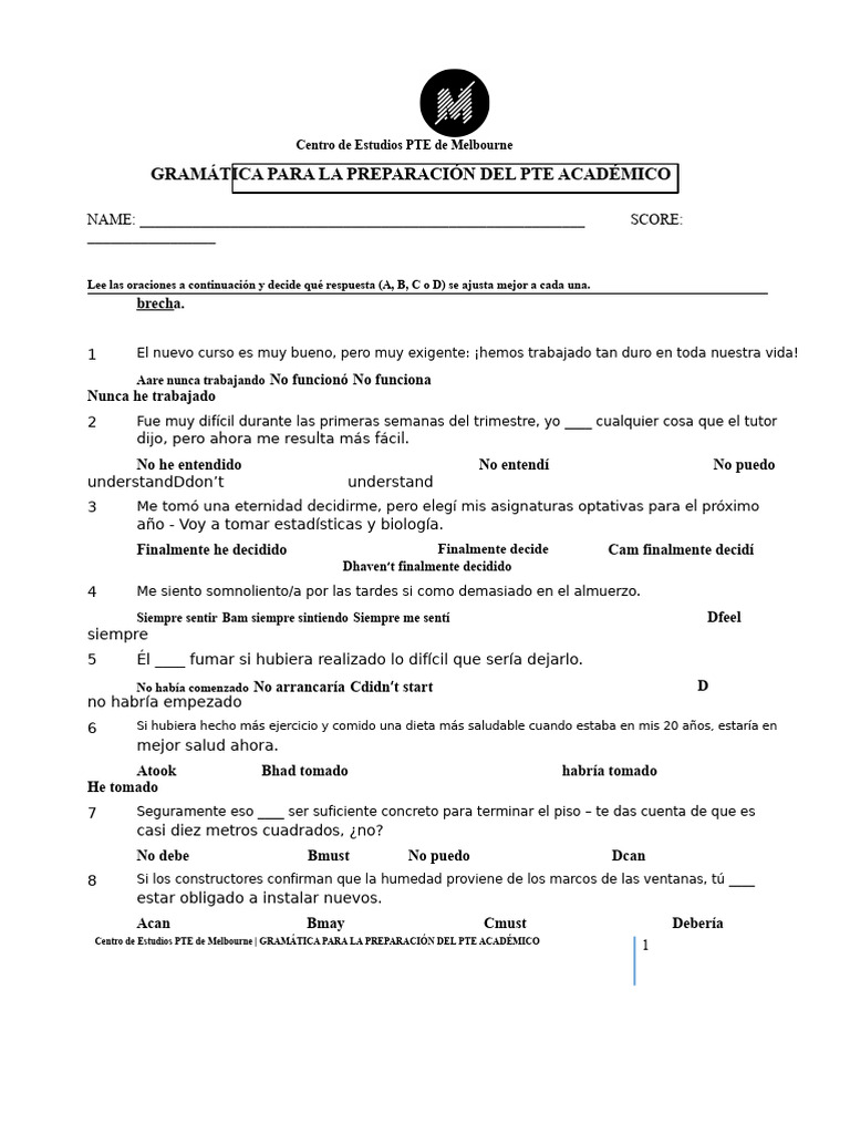 Prueba de Gramática Centro de Estudios PTE Melbourne | PDF | Gramática