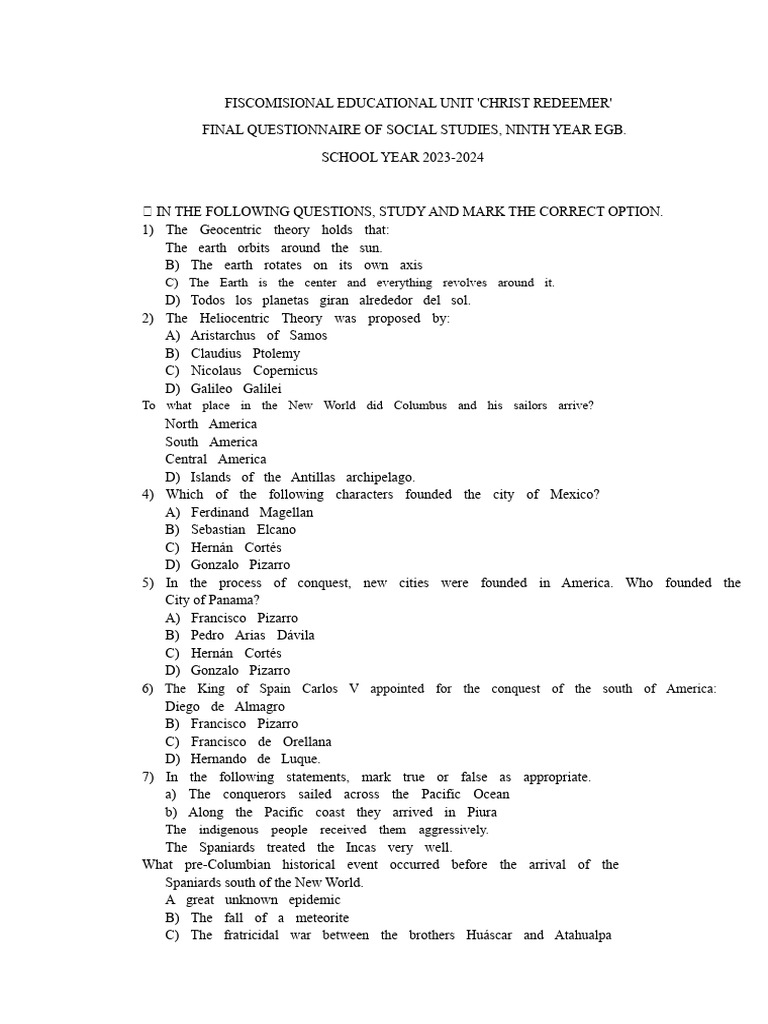 Ninth Grade Social Studies Questionnaire | PDF | Heliocentrism ...