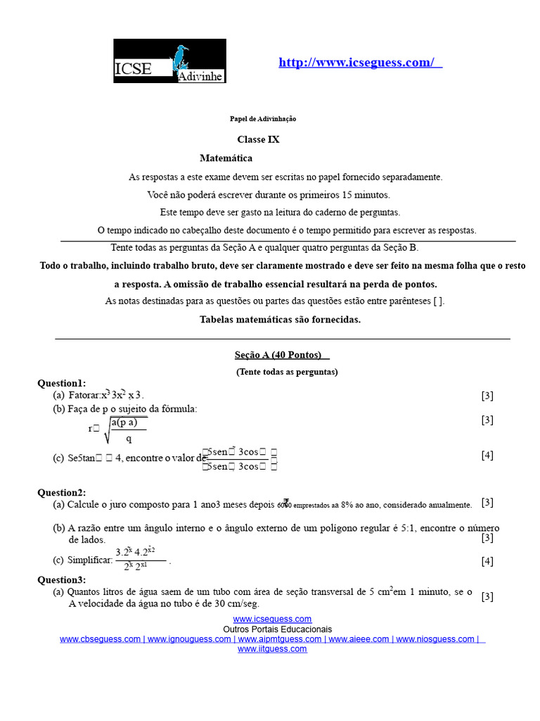prova de amostra da classe 9 do ICSE | PDF | Matemática | Triângulo