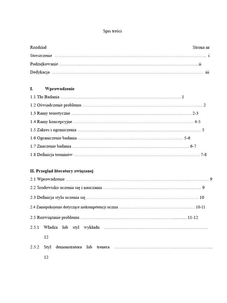 Przykładowy Spis Treści Dla Badań | PDF