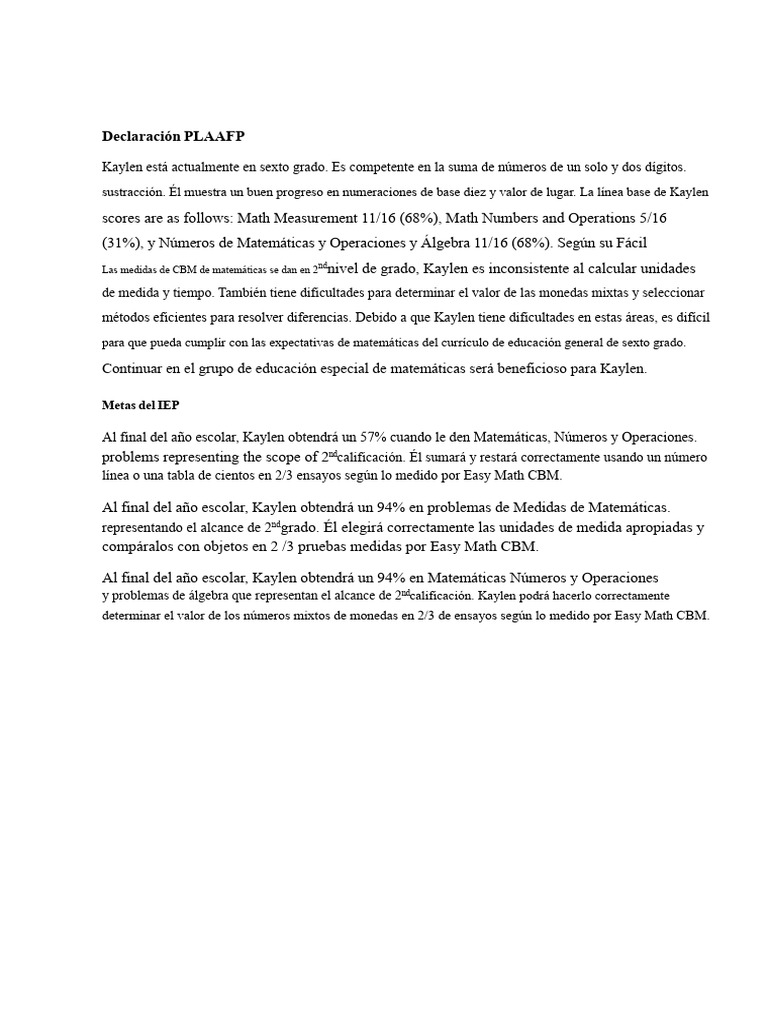 declaración de plaafp de matemáticas y objetivos de iep | PDF ...