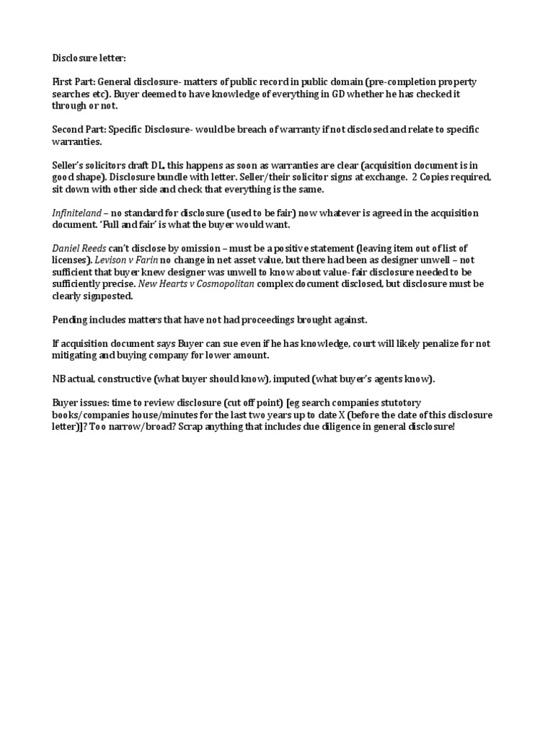 Disclosure Letter | Indemnity | Due Diligence
