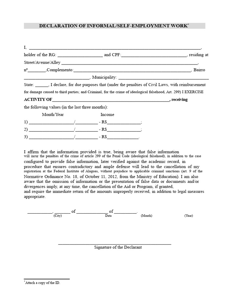 Declaration of Informal and Self-Employed Work | PDF