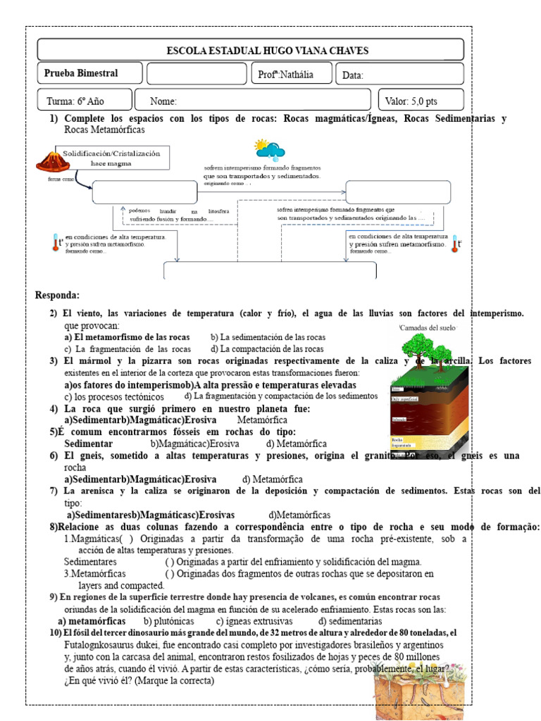 Prueba Bimestral 6to Año Tipos de Rocas y Suelos | PDF | Roca (geología ...