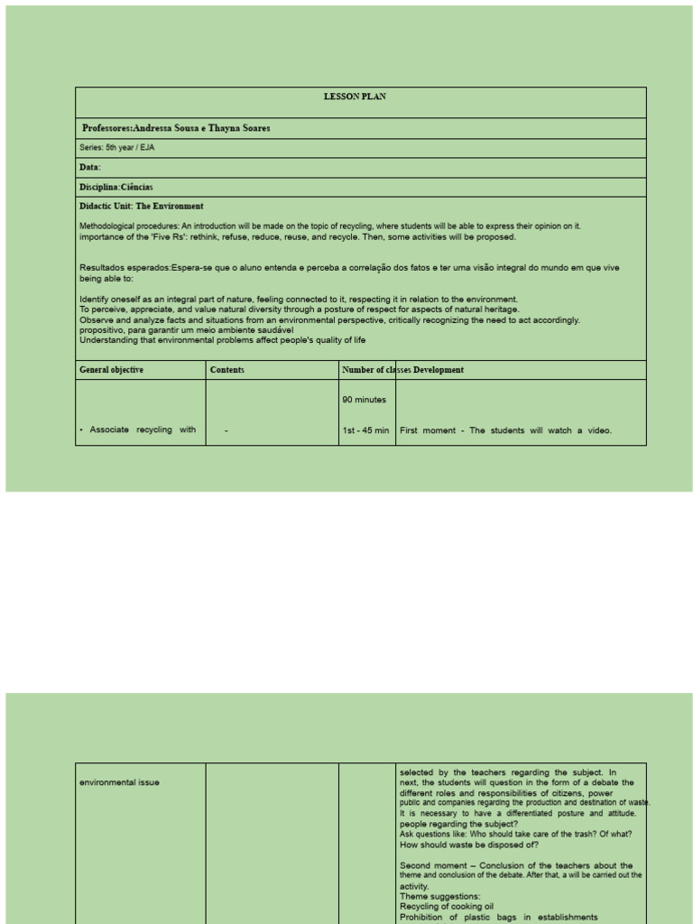 Lesson Plan on the Environment (EJA) | PDF | Lesson Plan