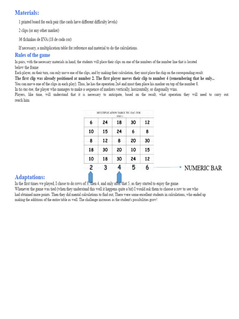 Multiplication Tic-Tac-Toe Game Guide | PDF | Mathematics