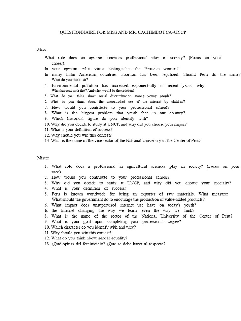 Questions For Miss and Mister | PDF