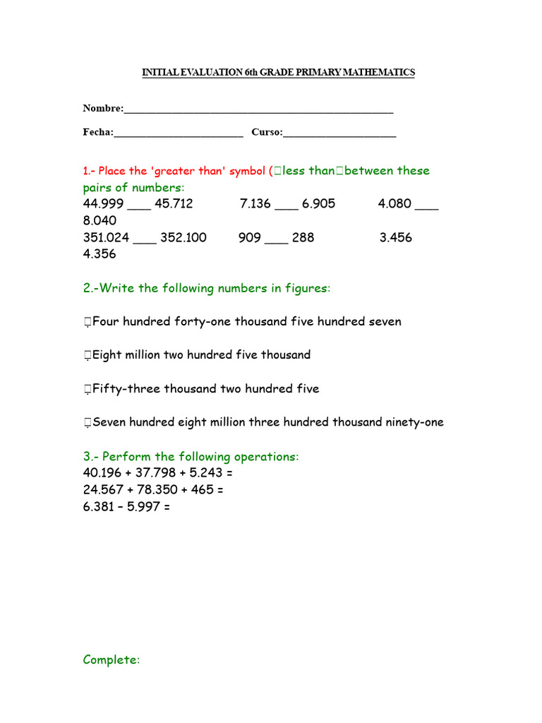 Initial Assessment 6th Grade Mathematics | PDF | Mathematics ...