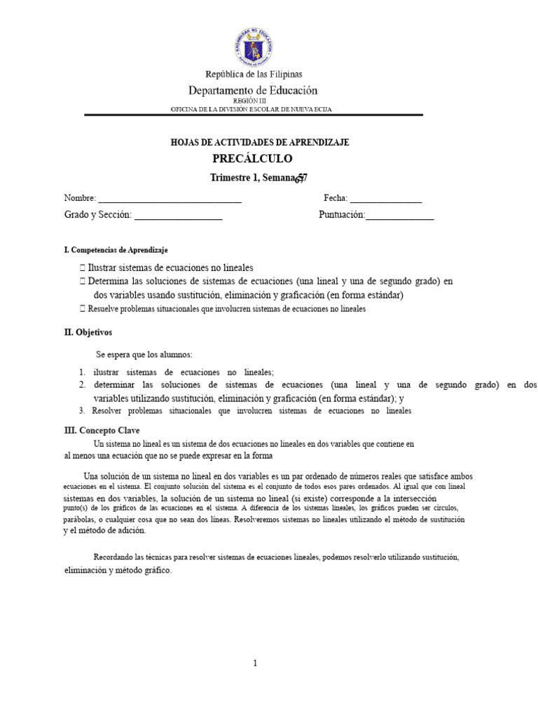 Pre-Cálculo-LAS-Q1-S6-y-S7-Sistemas-de-Ecuaciones-No Lineales | PDF ...