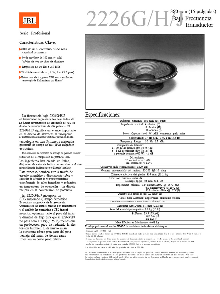 294-470-jbl-2226h-especificaciones-44385 | PDF | Altoparlante | Acústica