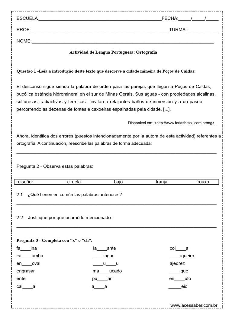 Actividad de Español Ortografía X O CH 6º y 7º Años Word | PDF