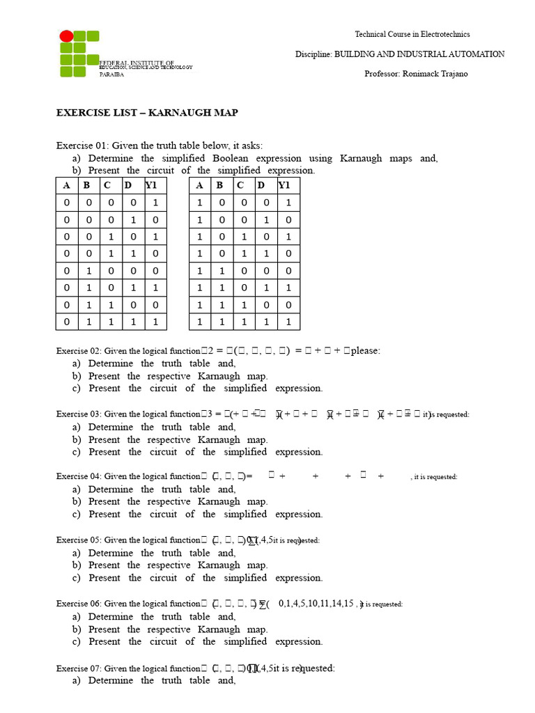 Exercise List - Karnaugh Map | PDF | Mathematics | Logic
