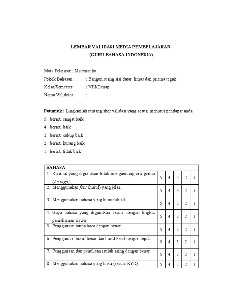 Lembar Validasi Media Pembelajaran Bahasa Indonesia | PDF