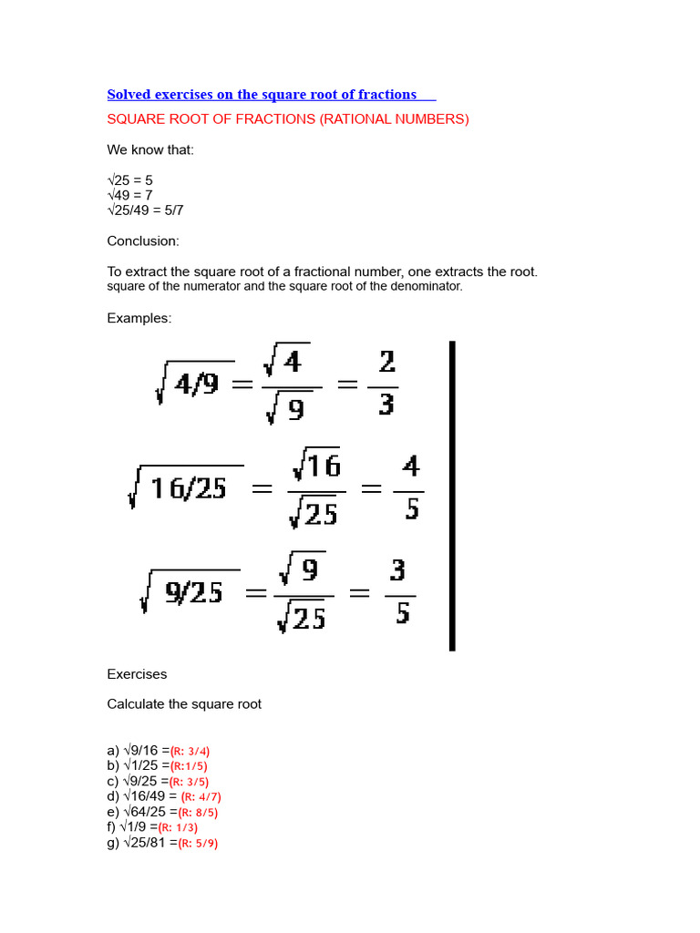 Square Root of Fractions Exercises | PDF