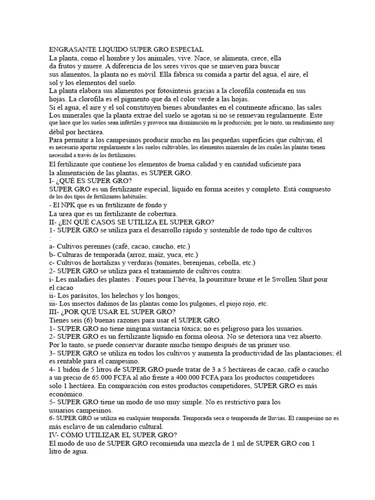 Fertilizante Líquido Super Gro: Guía Completa | PDF | Fertilizante ...
