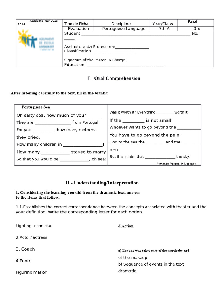Dramatic Text - Assessment Test - 7th A | PDF