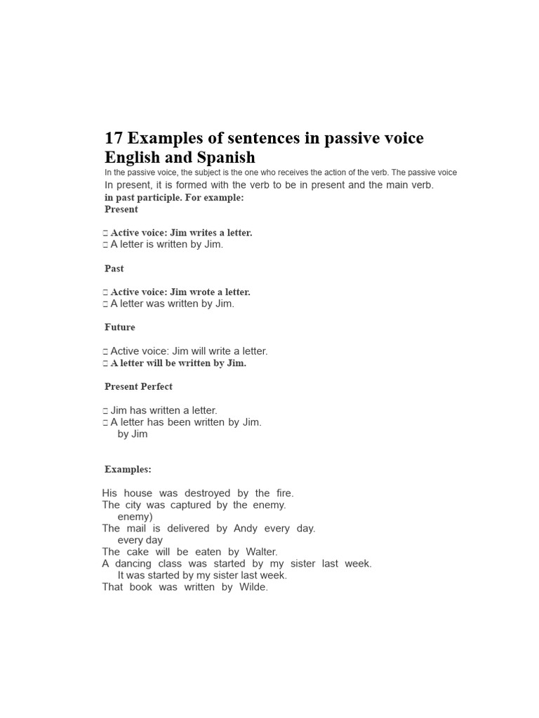 17 Examples of Sentences in Passive Voice in English and Spanish | PDF ...
