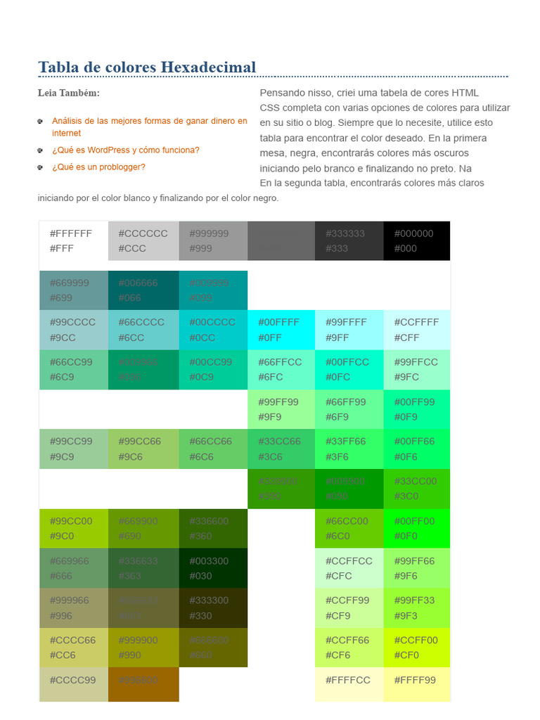 Tabla de Colores HTML y CSS Completa PDF | PDF | Comunicación escrita ...