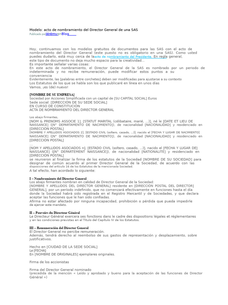 Modelo Acta de Nombramiento del Director General de una SAS | PDF | Gobierno